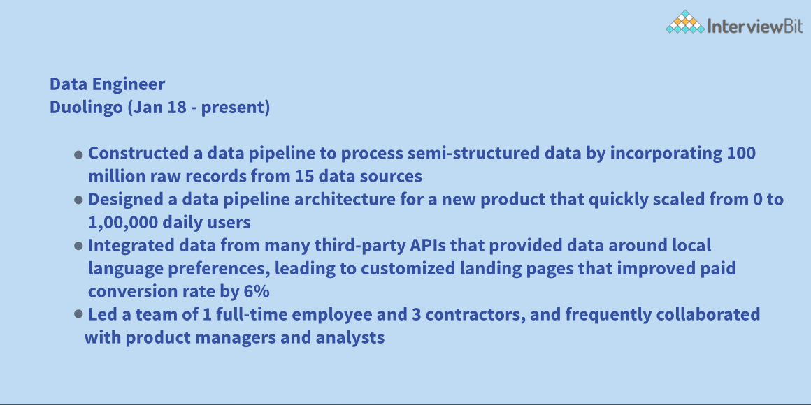 Data Engineer Resume - Full Guide and Example - InterviewBit