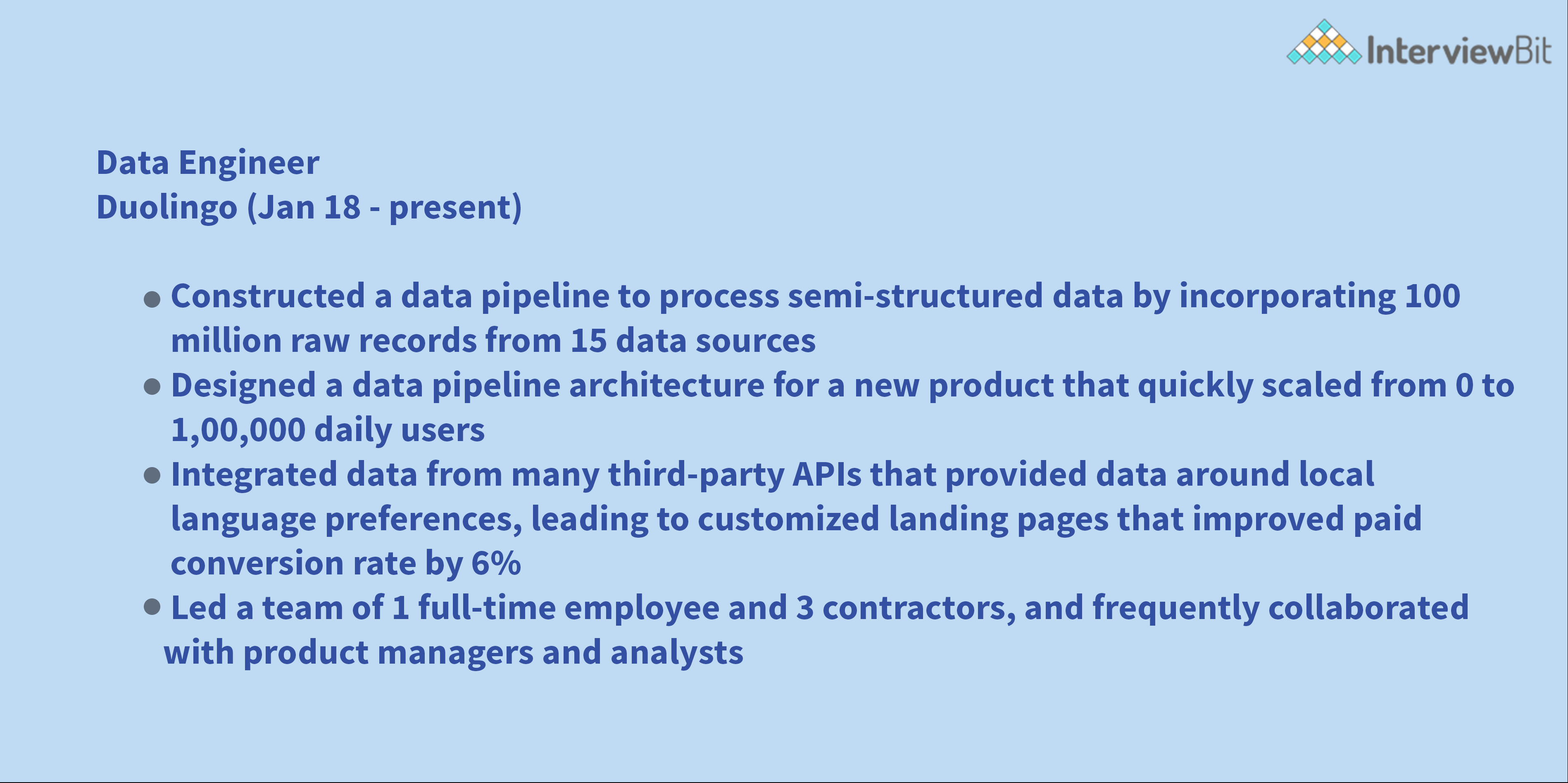 Data Engineer Resume - Full Guide and Example - InterviewBit